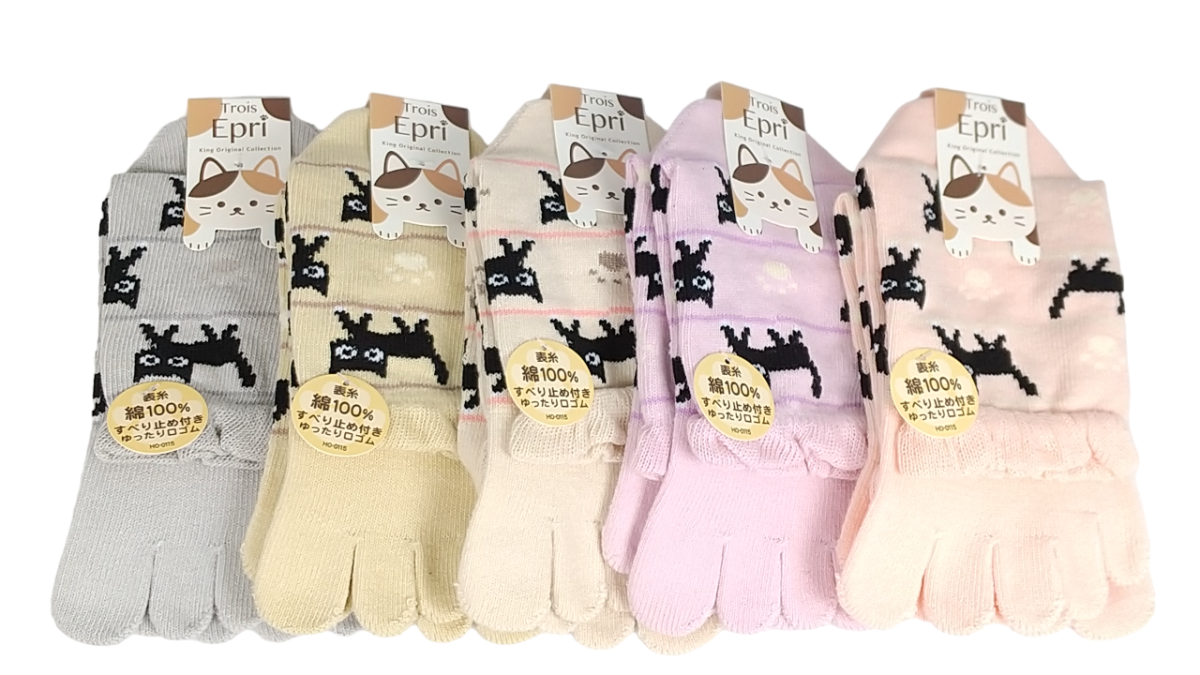 Caumeri 【5本指ソックス】 猫柄 滑り止め付き ゆったり口ゴム 表糸綿100％ クルー丈/詳細