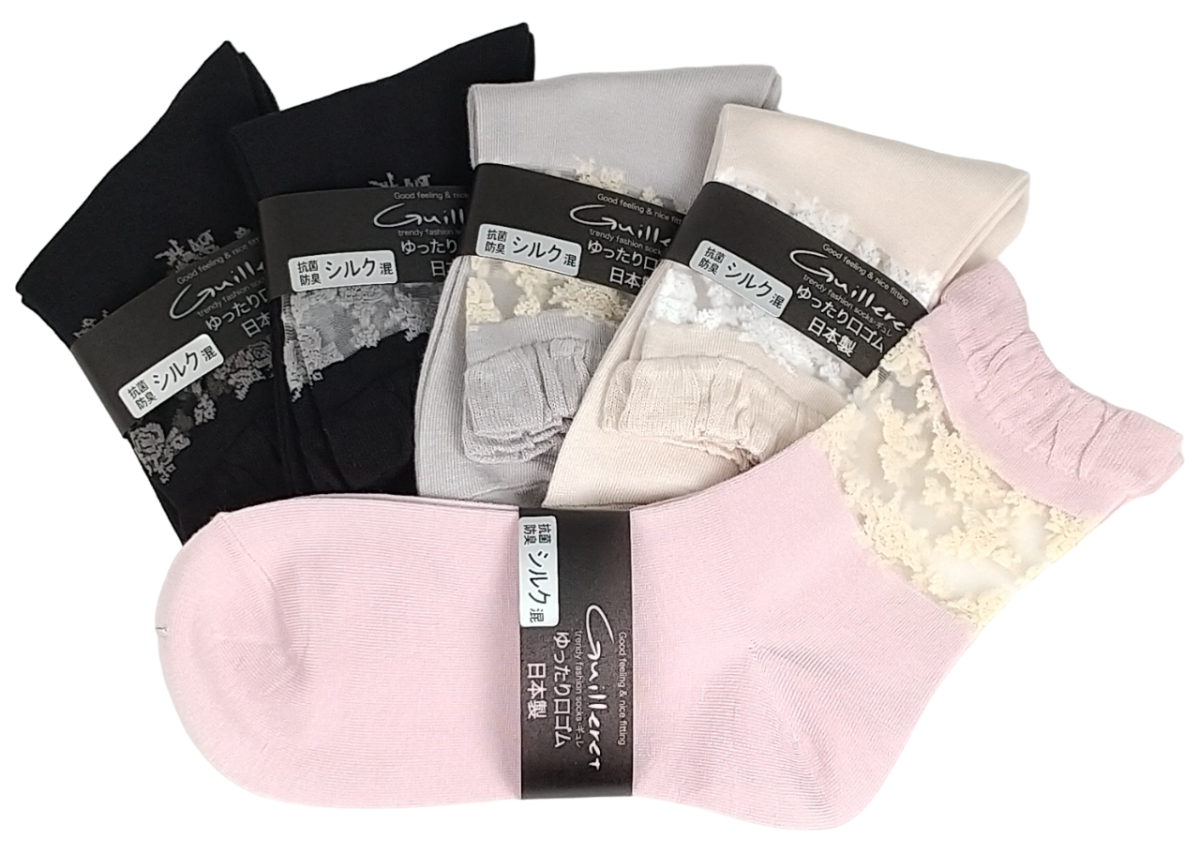 Caumeri 【Guilleretクルーソックス】 足首テグス薔薇＆小花 抗菌防臭シルク混/詳細